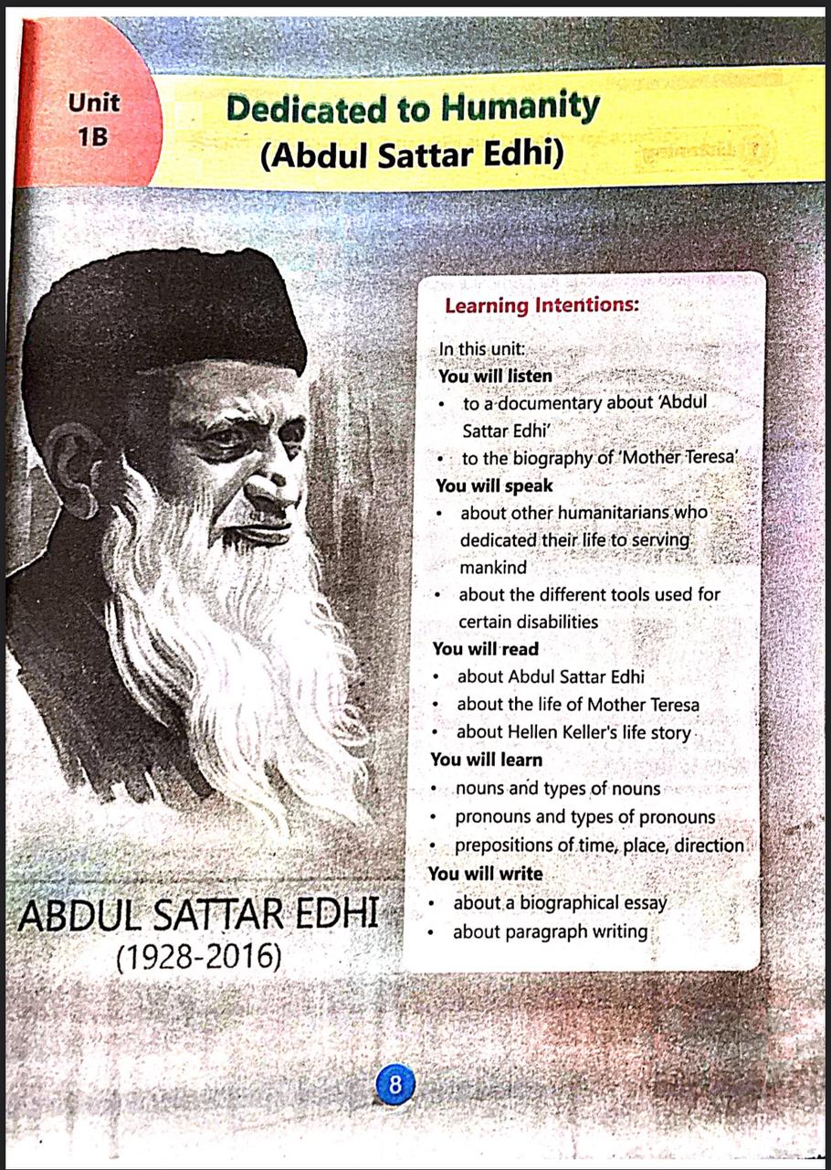 English Grade 6, Unit 1B: Dedicated to Humanity (Abdul Sattar Edhi) - ZONE OF EDUCATION